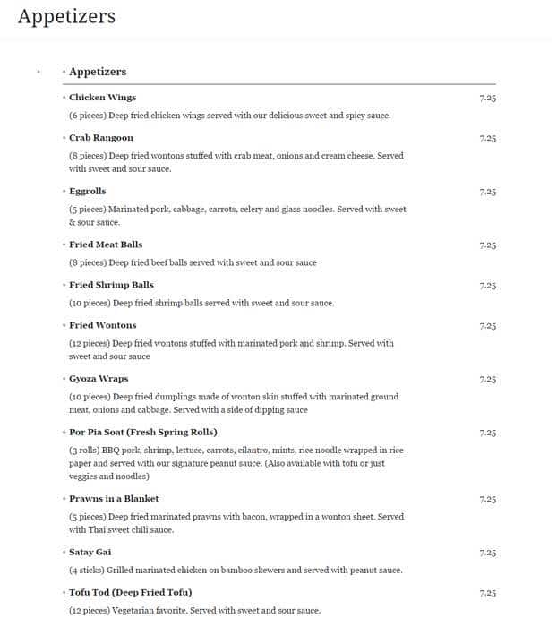 Menu at New Thai Cafe, West Jordan