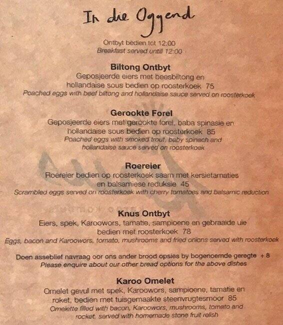 Menu at Knus Karoo Kombuis cafe, Paarl