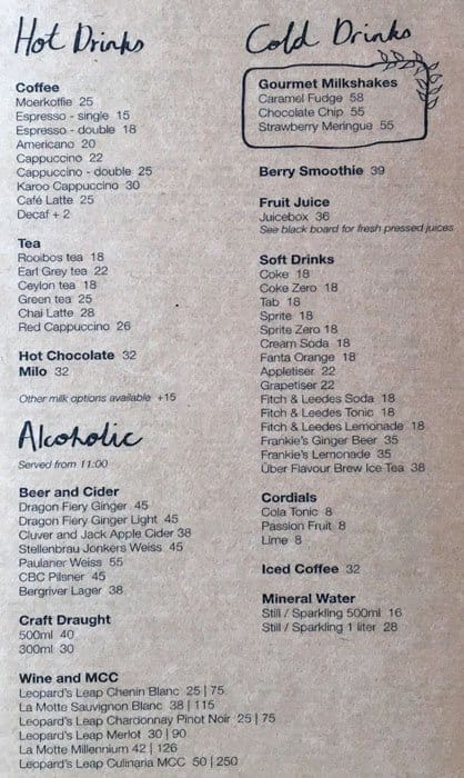 Menu at Knus Karoo Kombuis cafe, Paarl