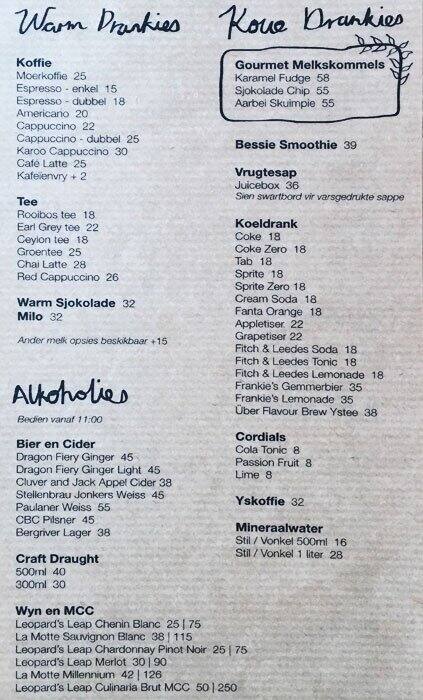 Menu at Knus Karoo Kombuis cafe, Paarl