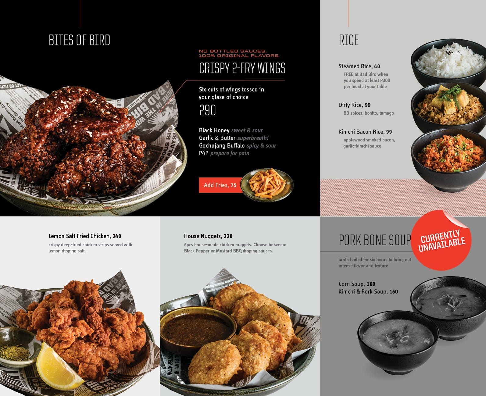 Menu at Bad Bird restaurant, Manila, Pedro Gil