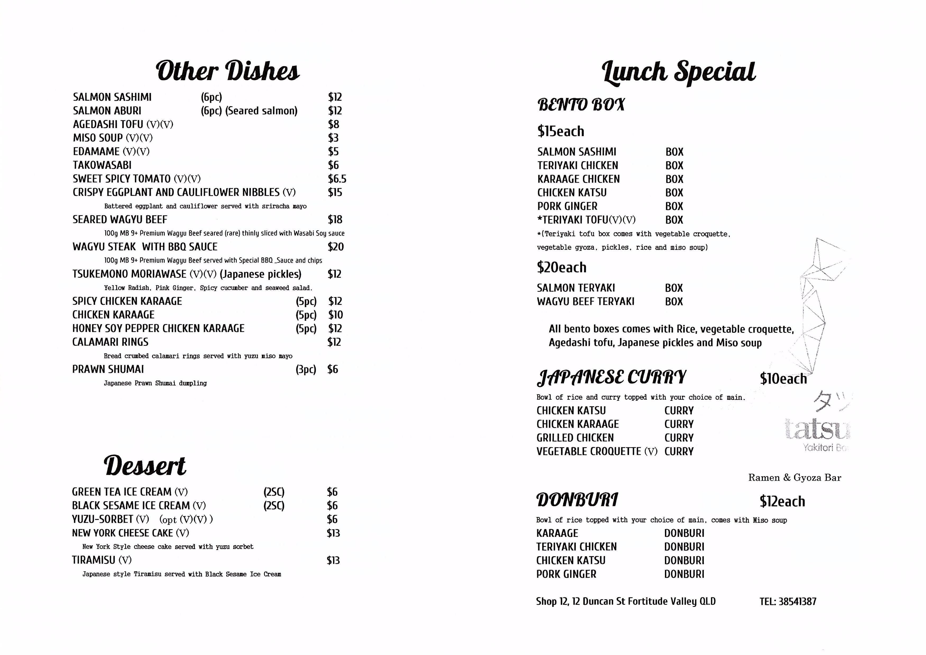 Menu at Tatsu restaurant, Brisbane City