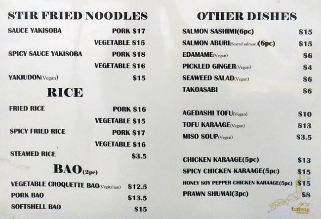 Menu at Tatsu Ramen Gyoza Bar, Brisbane City