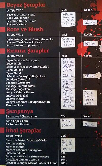 Carta de Taksim Steakhouse, Estambul, Sıraselviler Cd. No:10