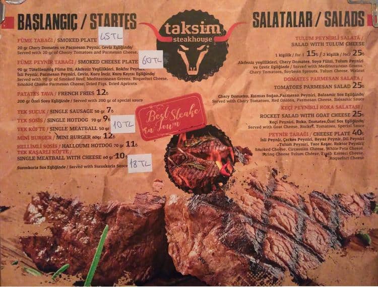 Carta de Taksim Steakhouse, Estambul, Sıraselviler Cd. No:10