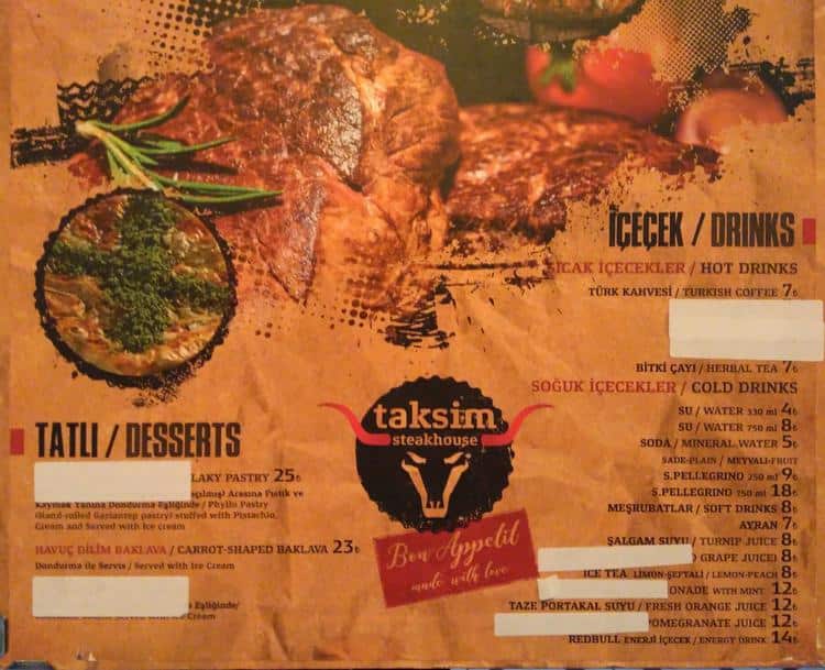 Carta de Taksim Steakhouse, Estambul, Sıraselviler Cd. No:10