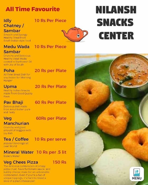 Menu of Nilansh Snacks Center, Dange Chowk, Pune