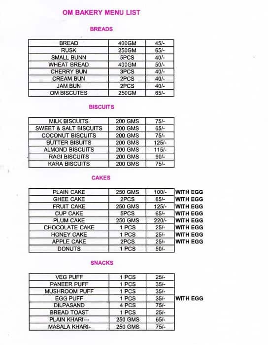 Menu at OM BAKERY (Famous), Bengaluru