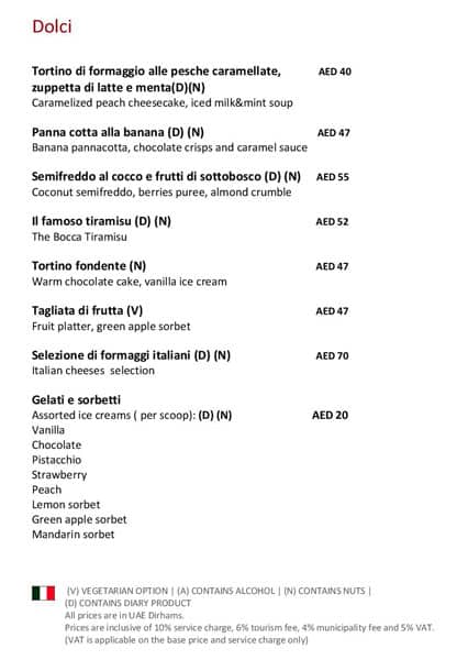 Menu at Bocca restaurant, Abu Dhabi