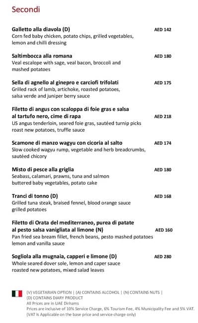Menu at Bocca restaurant, Abu Dhabi