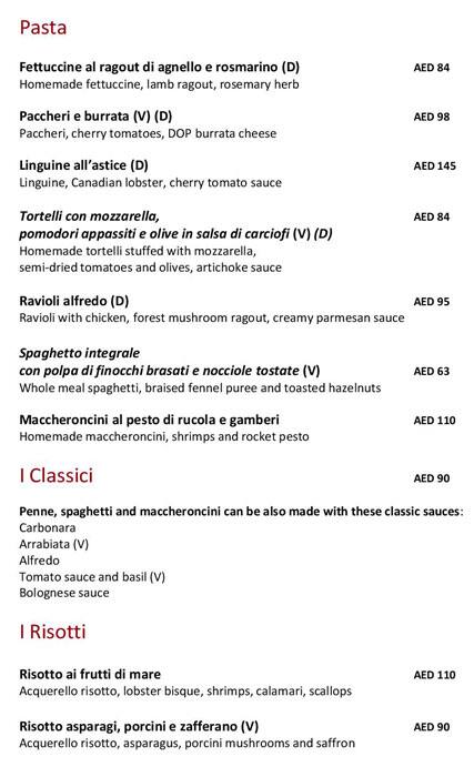 Menu at Bocca restaurant, Abu Dhabi