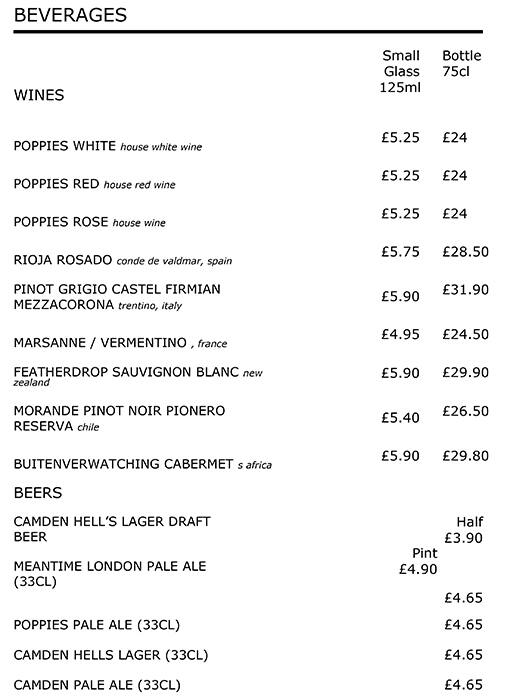 Menu at Poppies fast food, London, 30 Hawley Cres