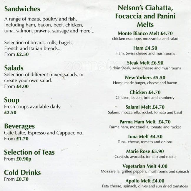 Menu at Nelsons cafe, London, 168 Borough High St