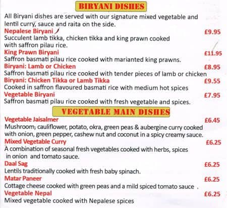 Menu at Kathmandu Masala restaurant, Beckenham, 263 Croydon Rd