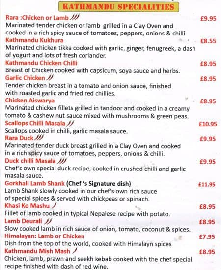 Menu at Kathmandu Masala restaurant, Beckenham, 263 Croydon Rd