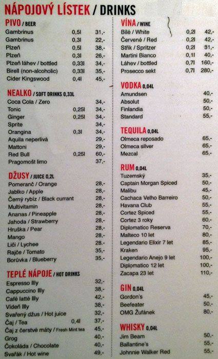 Menu at Shadow Cafe, Prague, Křižíkova 134/58