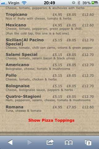 Menu at Ellies Pizzeria, Rotherham