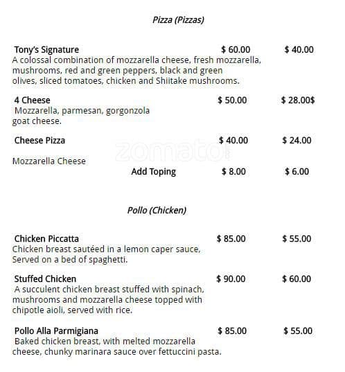 Menu at Tony And Luigi's restaurant, Georgetown