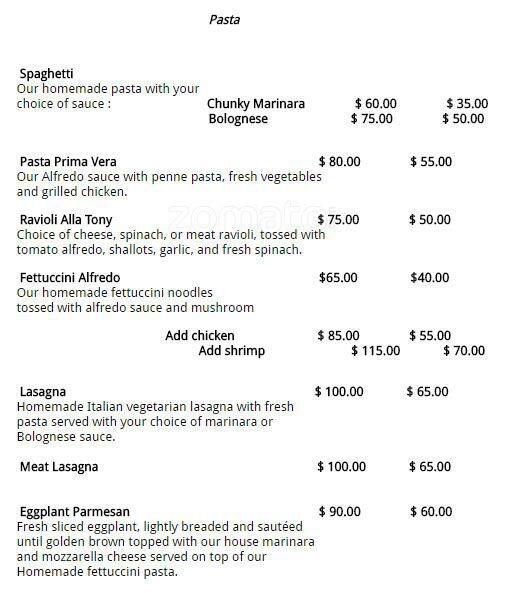 Menu at Tony And Luigi's restaurant, Georgetown