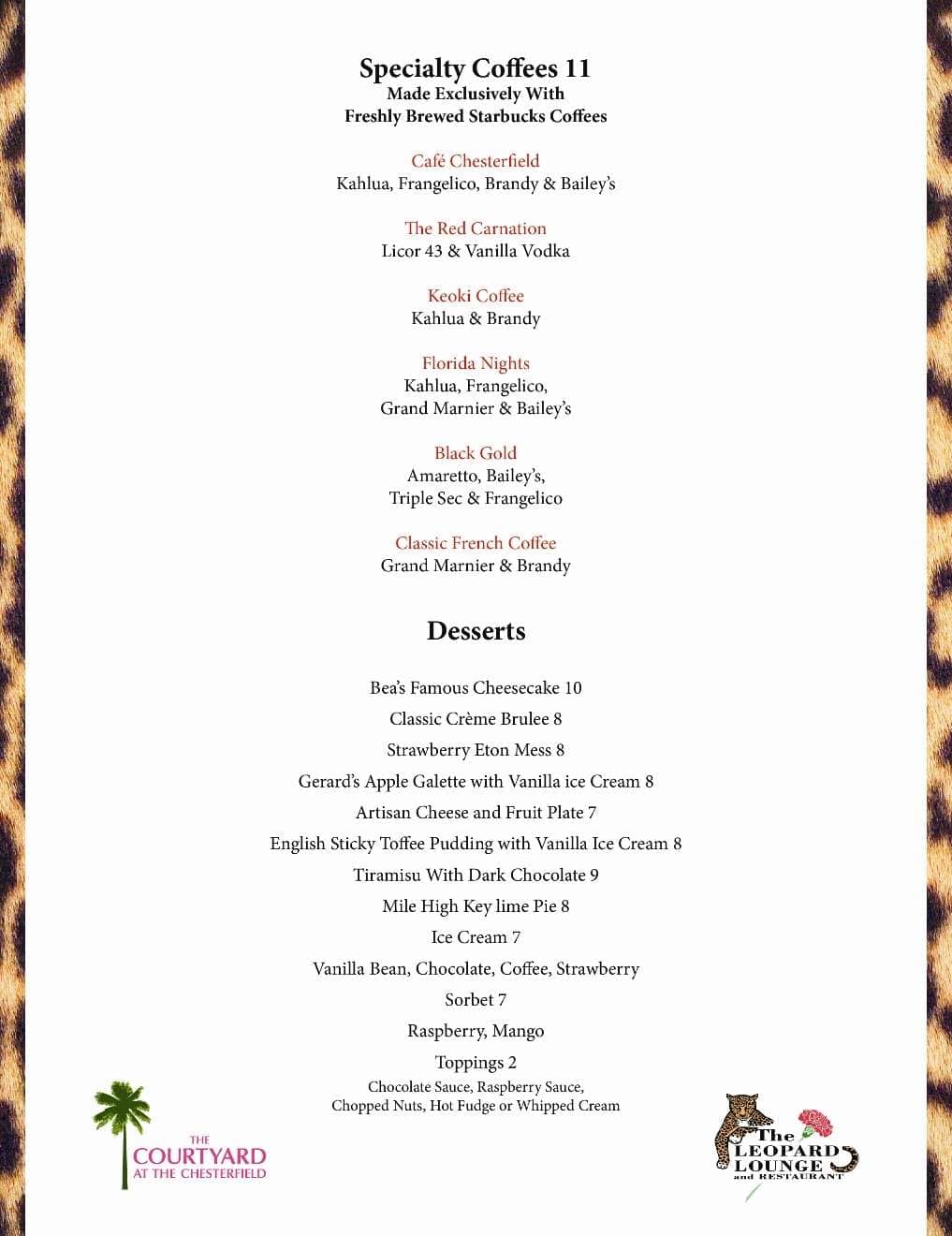 Menu at Leopard Lounge desserts, Palm Beach