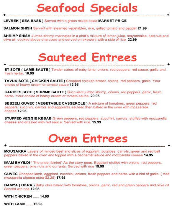 Menu at Sultan's Turkish Restaurant, Waterbury