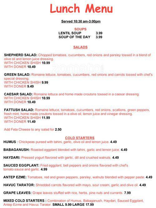 Menu at Sultan's Turkish Restaurant, Waterbury