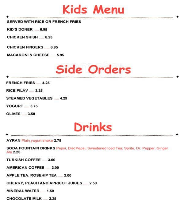 Menu at Sultan's Turkish Restaurant, Waterbury