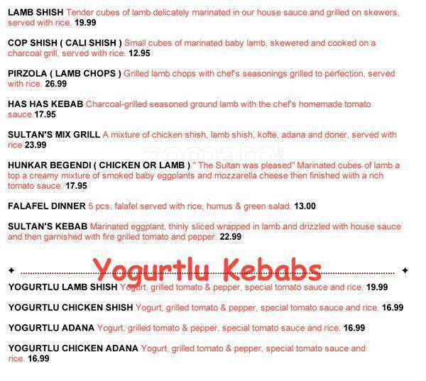 Menu at Sultan's Turkish Restaurant, Waterbury
