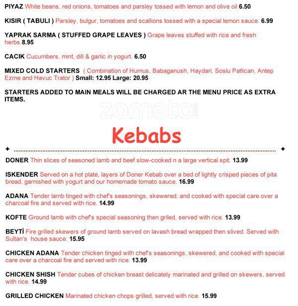 Menu at Sultan's Turkish Restaurant, Waterbury