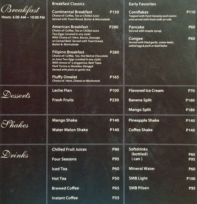 Menu at Cafe Veranda, Lapu-Lapu City