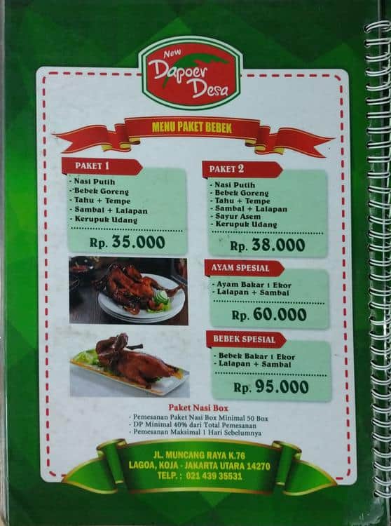 Menu at Dapur desa restaurant, Jakarta, Jl. Muncang No.76