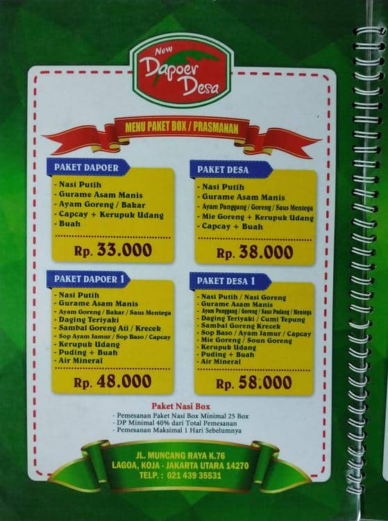 Menu at Dapur desa restaurant, Jakarta, Jl. Muncang No.76
