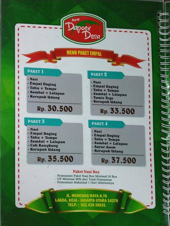 Menu at Dapur desa restaurant, Jakarta, Jl. Muncang No.76