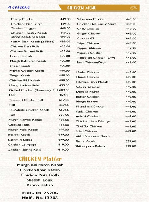 Menu at Grand 4 Seasons, Hyderabad, SMR Vinay Technopolis
