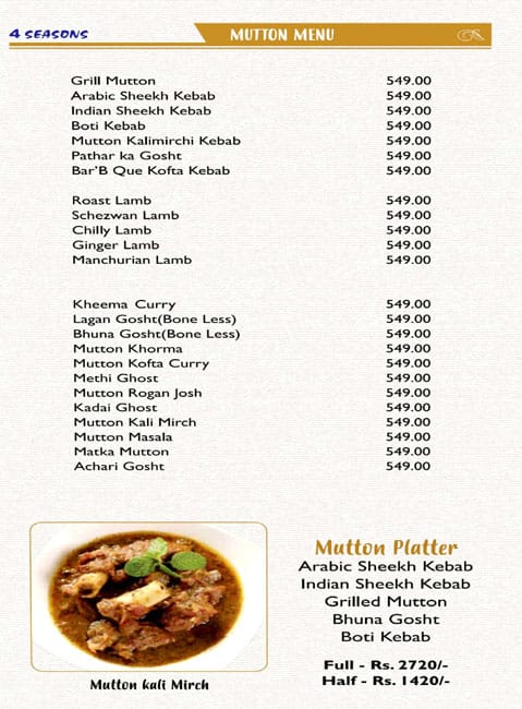 Menu at Grand 4 Seasons, Hyderabad, SMR Vinay Technopolis