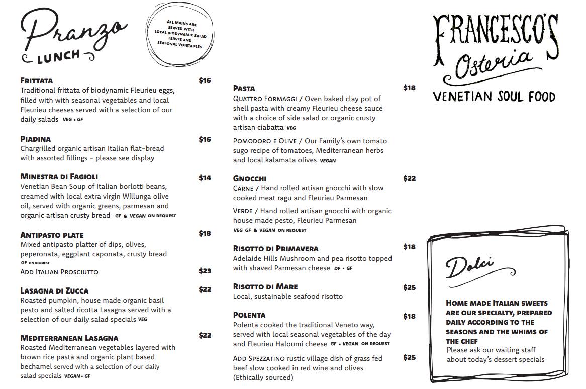 Menu at Francesco's Osteria restaurant, Torrensville