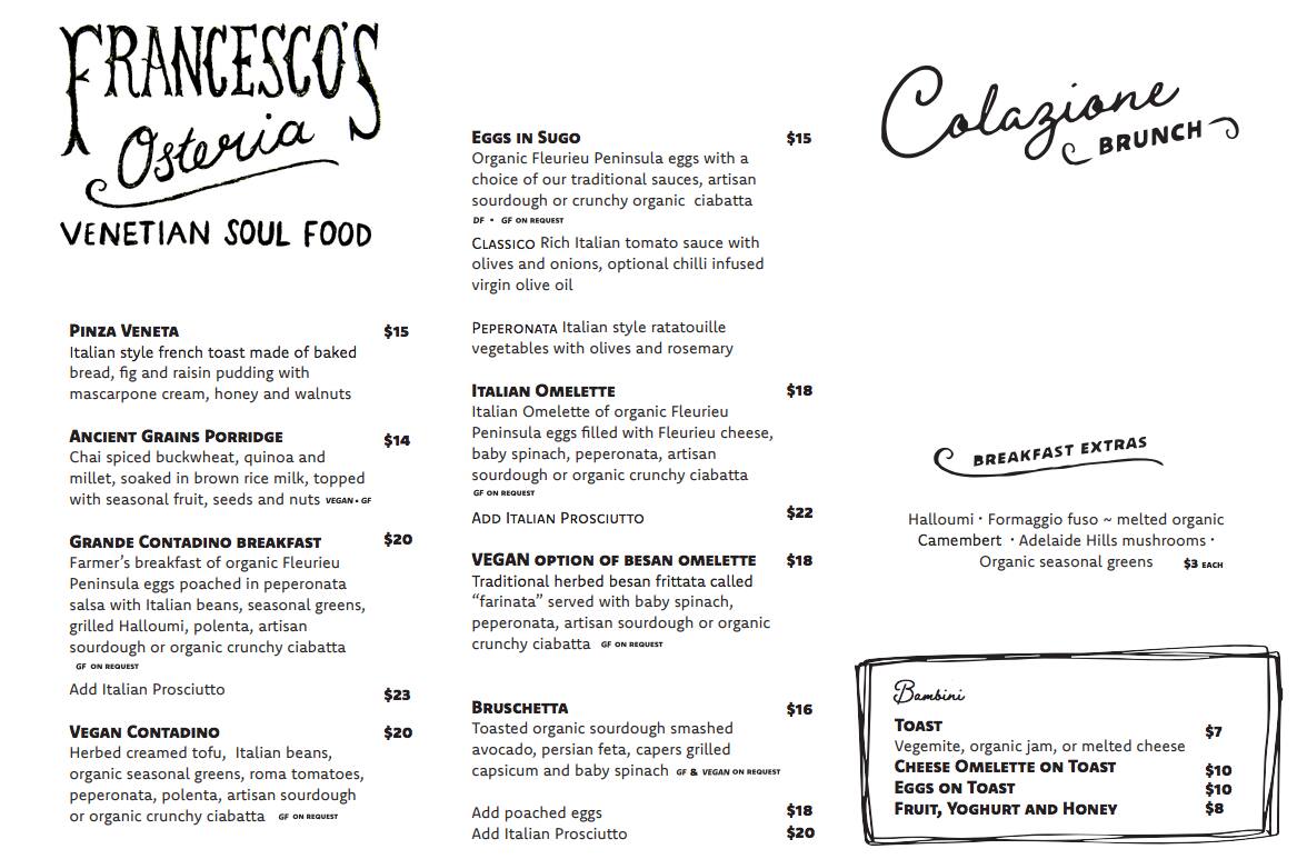 Menu at Francesco's Osteria restaurant, Torrensville