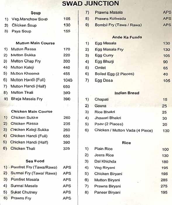 Menu of Swad Junction, Ambernath, Thane