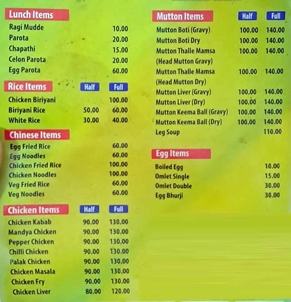 Menu of Nimma Mane, Domlur, Bangalore