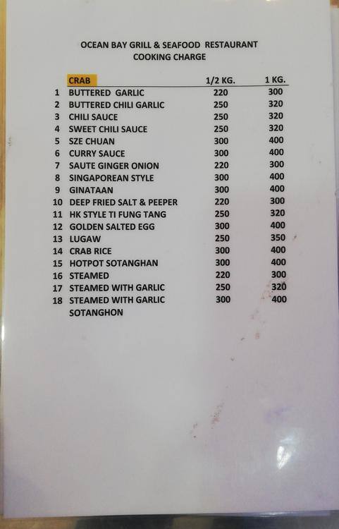 Menu at Ocean Bay Seafood House restaurant, Pasay, The Hobbies Concept Mall