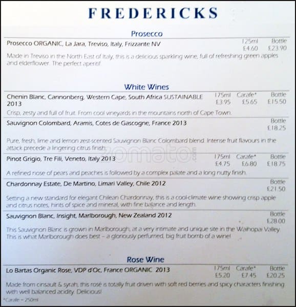 Menu at Fredericks Coffee House, Edinburgh