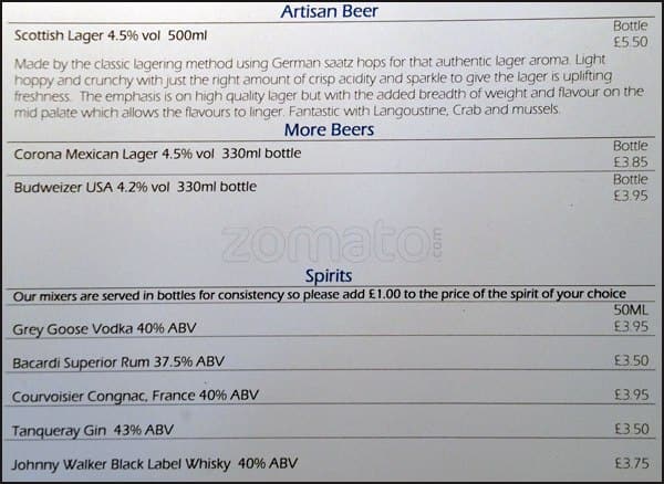 Menu at Fredericks Coffee House, Edinburgh