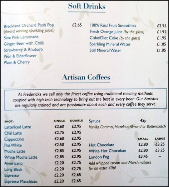 Menu at Fredericks Coffee House, Edinburgh