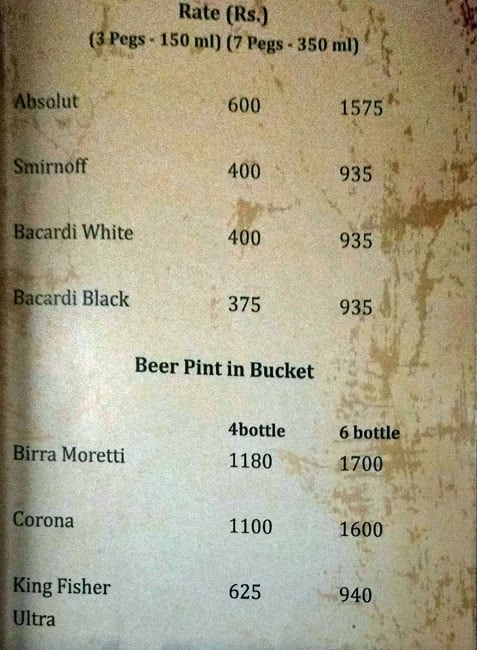 Menu at Chief Guest Bar, Lucknow