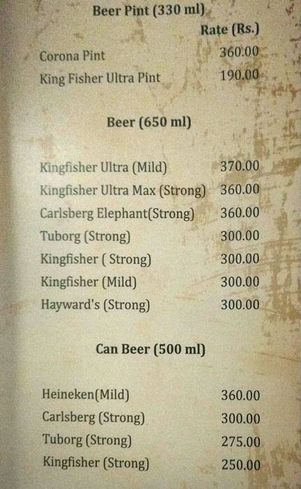 Menu at Chief Guest Bar, Lucknow