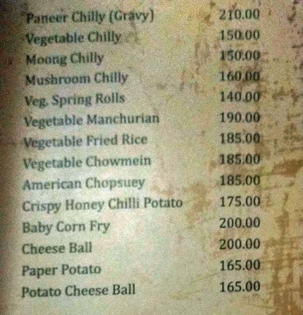 Menu at Chief Guest Bar, Lucknow