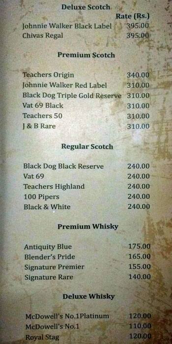 Menu at Chief Guest Bar, Lucknow