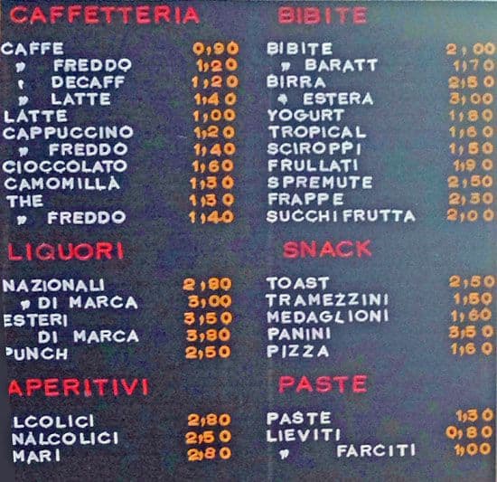 Menu at Bar Giulia, Rome, Viale Alessandrino