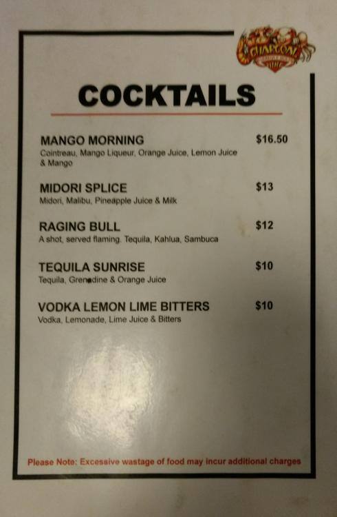 Menu at Marinades BBQ at Mine, North Parramatta