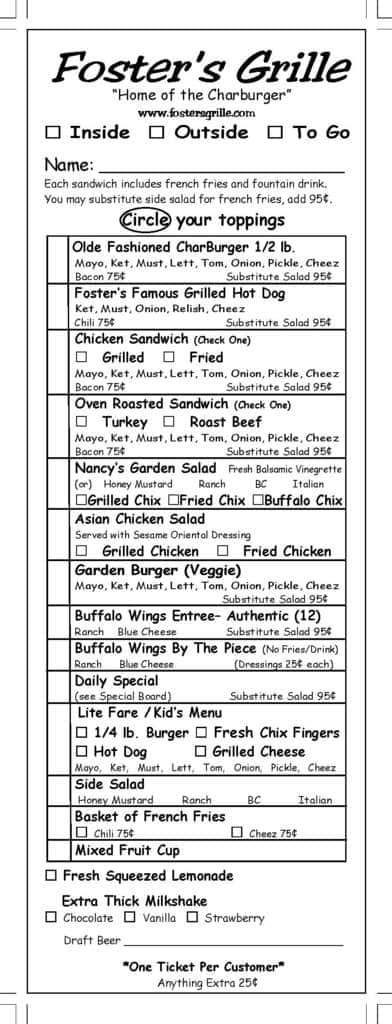 Menu at Foster's Grille restaurant, Manassas, West St